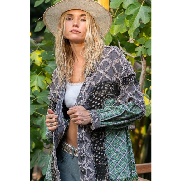 POL | Tops | The Teigan Graygreen Vintage Wash Mixed Print Shirt | Poshmark